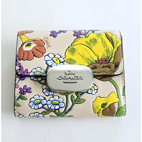 Coach | Bags | Coach Eliza Small Leather Wallet Embossed Ivory Floral ...